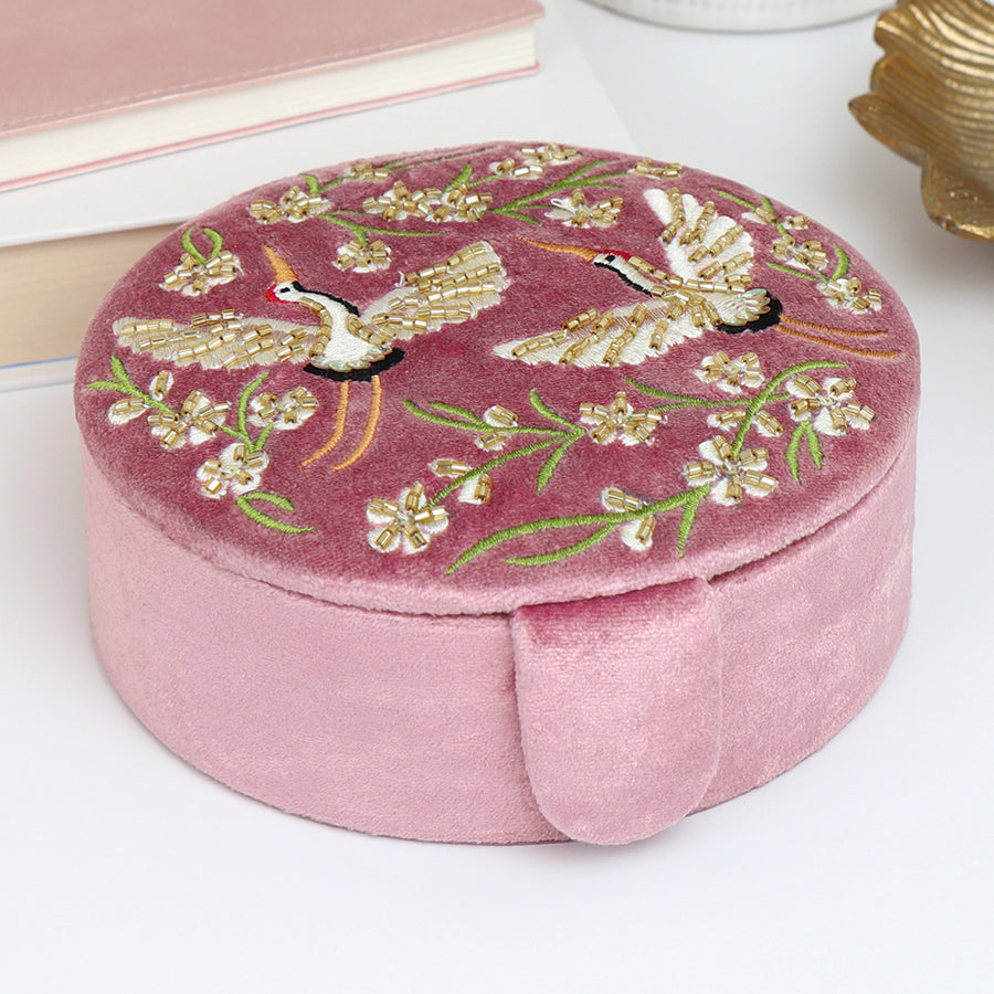 Embellished Crane Velvet Jewellery Box | Pink Round Design | Uneeka