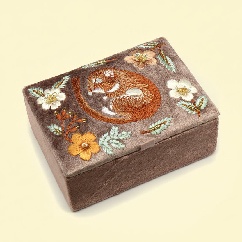 Embroidered Dormouse Velvet Jewellery Box | Rectangle Design | Uneeka