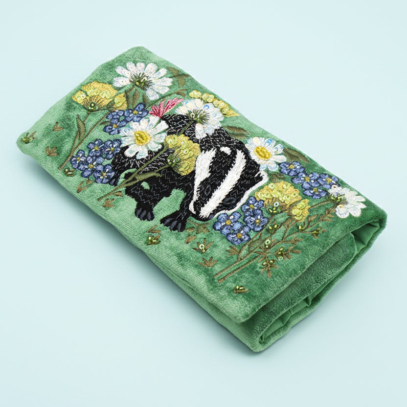 Embroidered Badger Travel Jewellery Roll | Jade Green Velvet | Uneeka