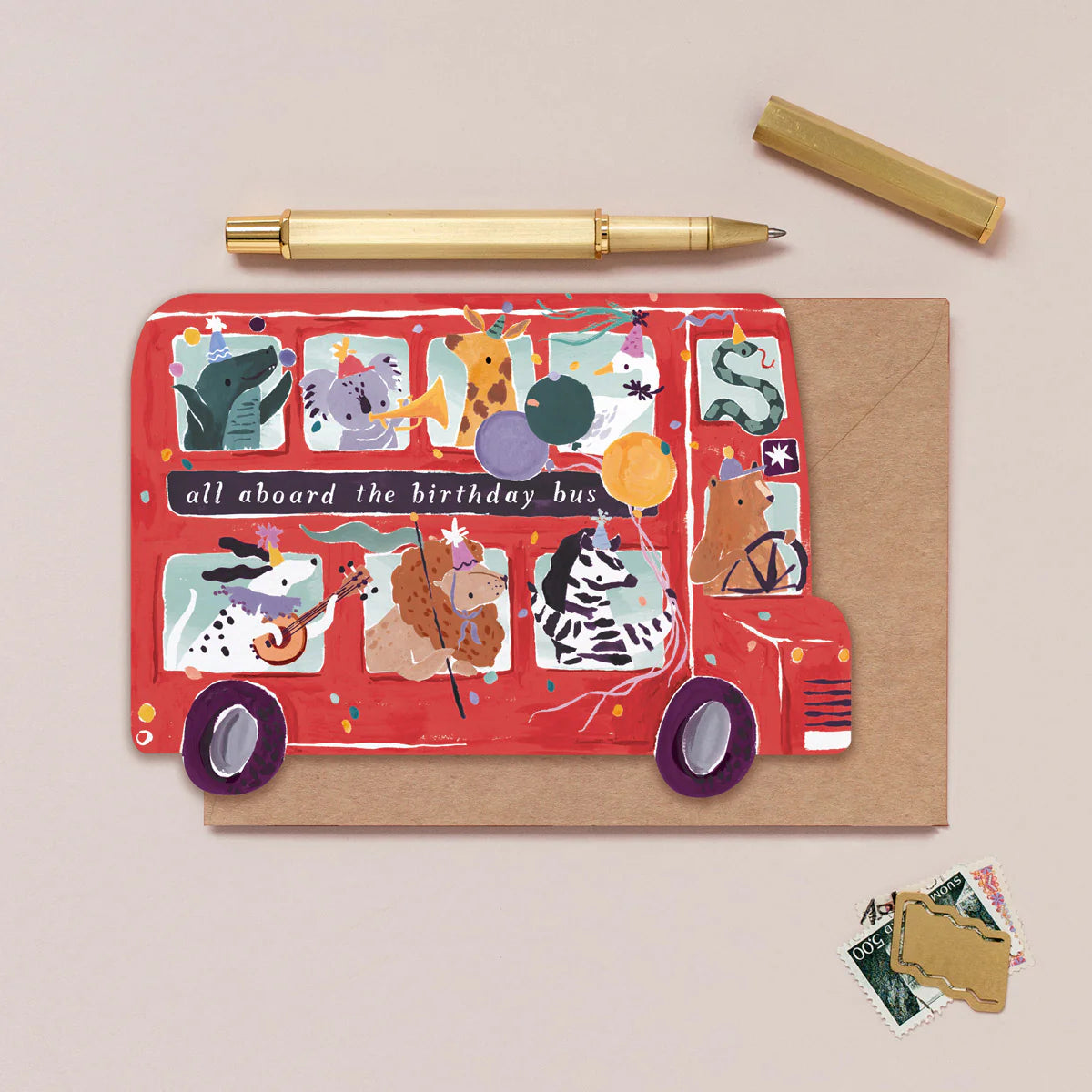 Animal Party Bus Birthday Card | London Bus Shaped Card | Uneeka