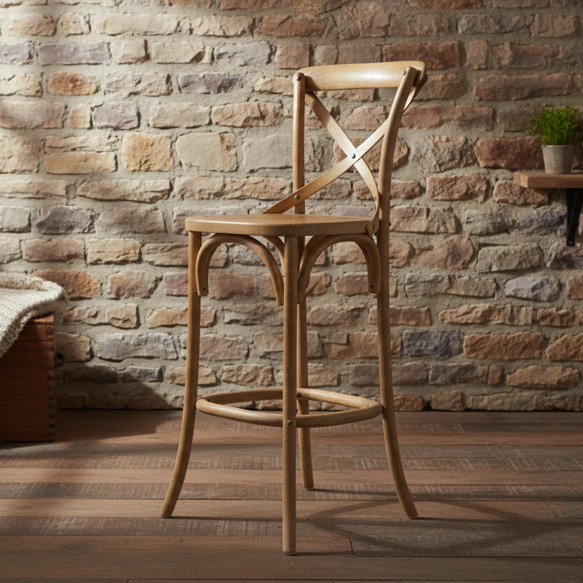 Reclaimed Elm Wood Cross-Back Bar Stool | Rustic Farmhouse | Uneeka