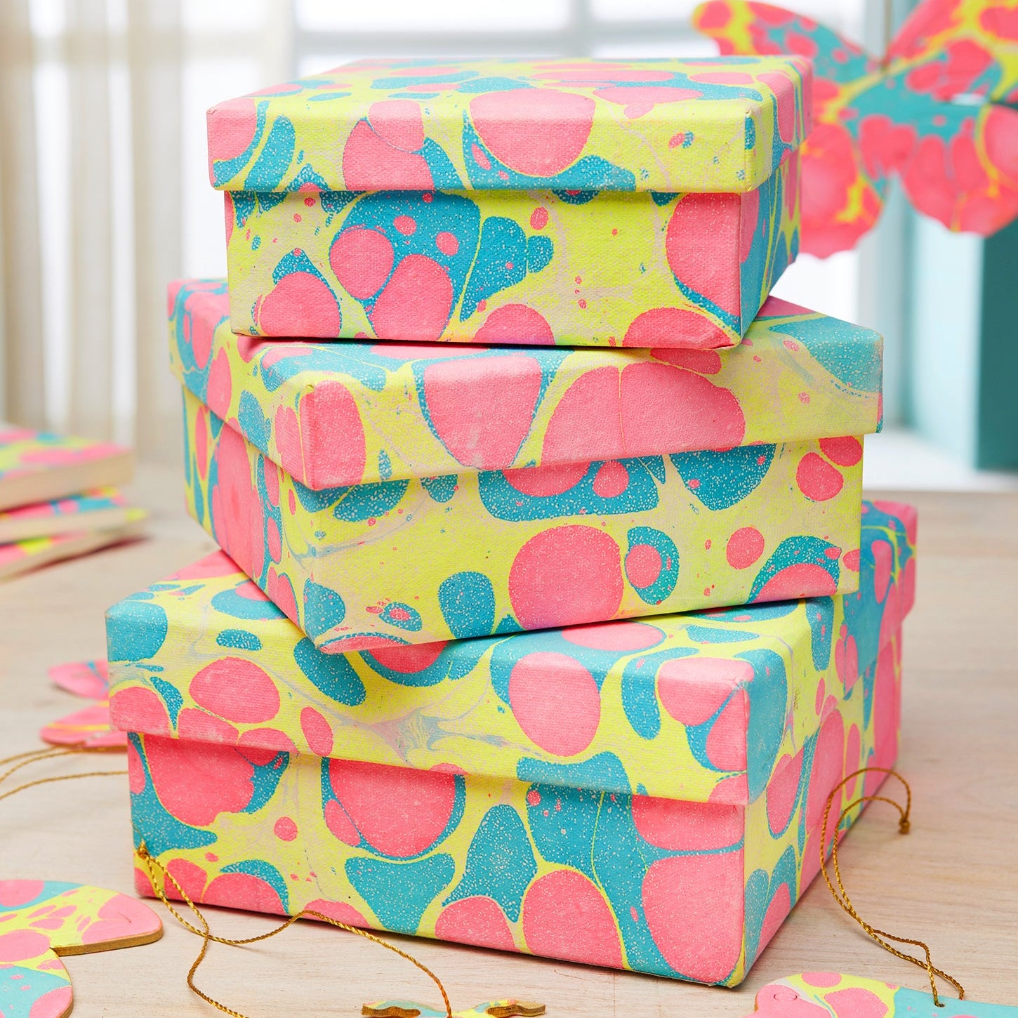 Set of 3 Neon Marbled Nested Boxes | Eco-Friendly Storage | Uneeka